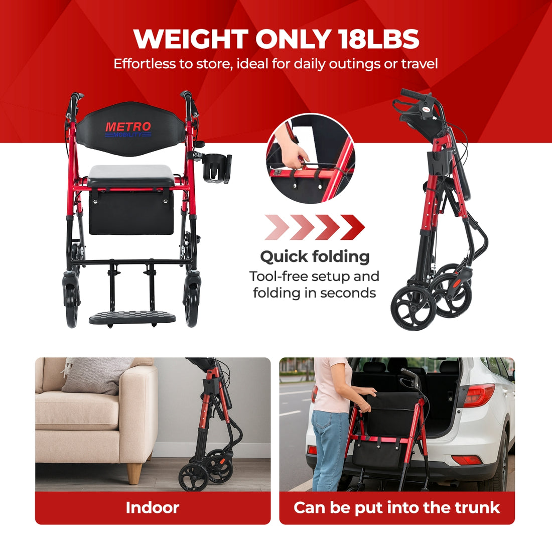 Metro Mobility M913P 2 in 1 Rollator Walker & Transport Wheelchair for ...