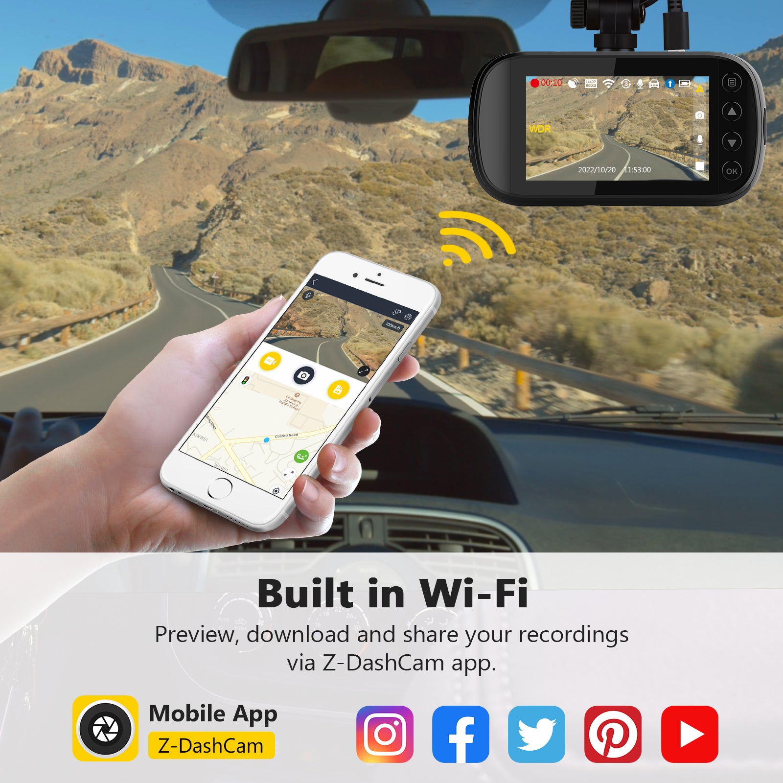 Z-EDGE Z3D 2560x1440P 2K QHD, Front and Rear Dash Cam with WiFi, GPS, Dual Cam, Car DVR, Night ...